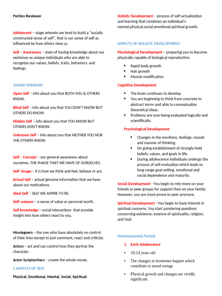 PerDev Reviewer 1st Quarter | PDF | Stress (Biology) | Adolescence