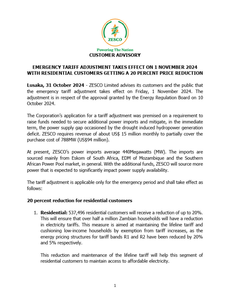 ZESCO Announces 20% Tariff Reduction | PDF | Tariff | Power (Physics)