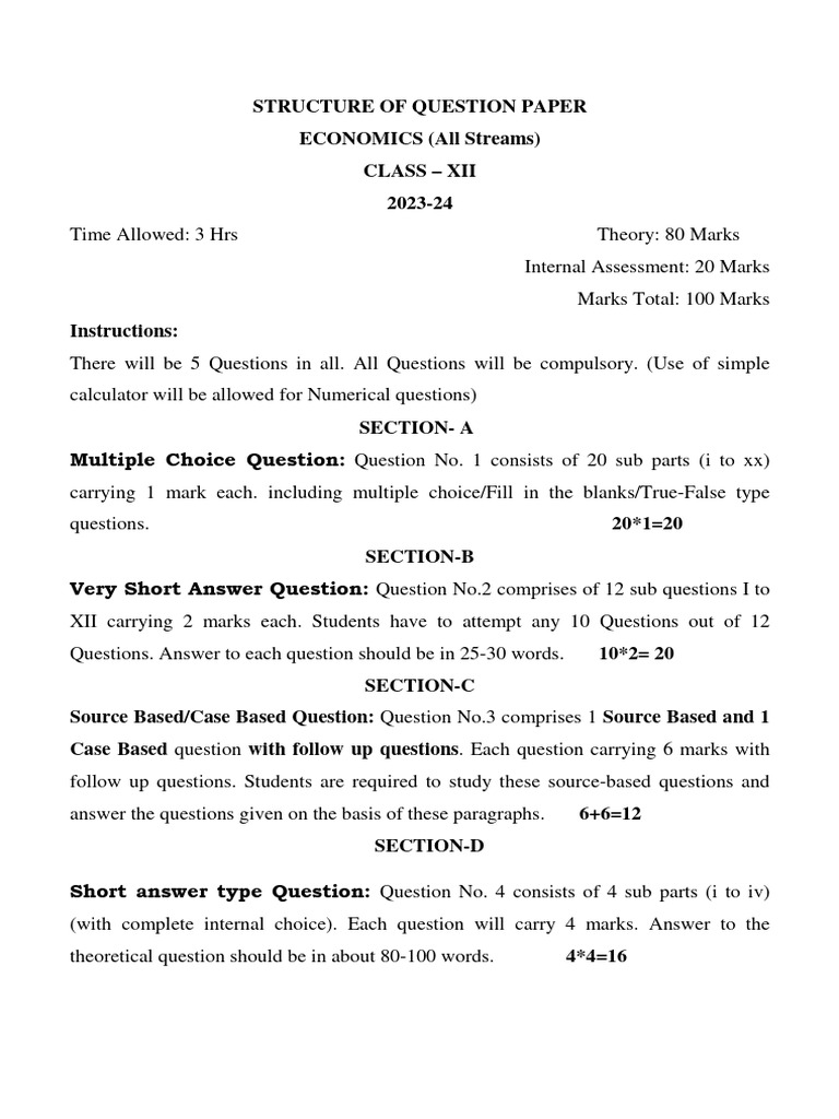 12th Economics Structure of Question Paper 2023-24 | PDF ...