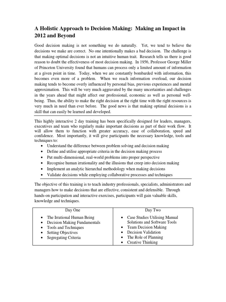 A Holistic Approach To Decision Making - Training Brochures | PDF ...
