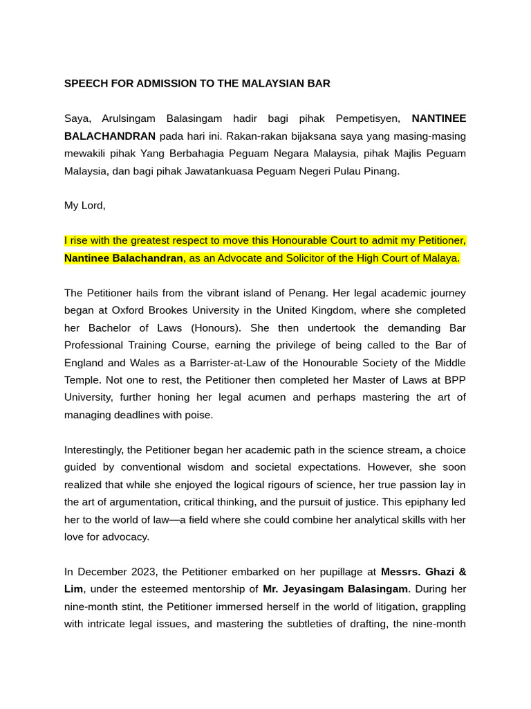 Speech For Admission To The Malaysian Bar | PDF | Practice Of Law