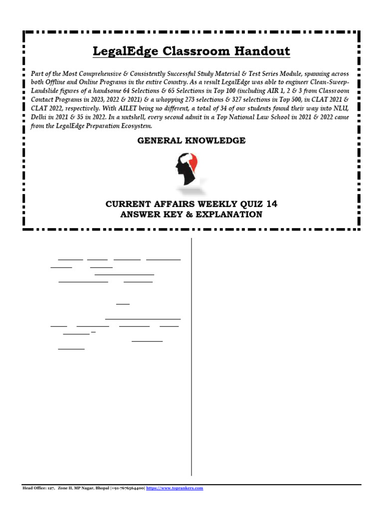 Current Affairs Weekly Quiz 14 Answer Key5308875 | PDF
