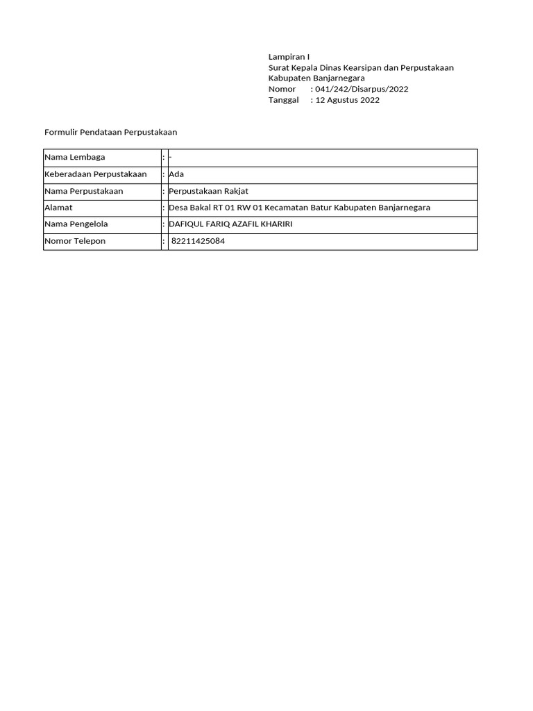 Lampiran Data Perpustakaan Desa Bakal | PDF