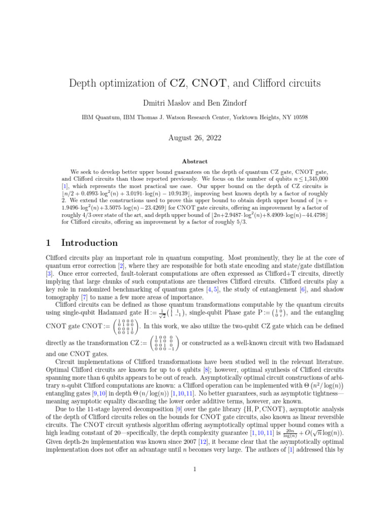 Optimizing Depth of CZ, CNOT, and Clifford Circuits | PDF | Quantum ...