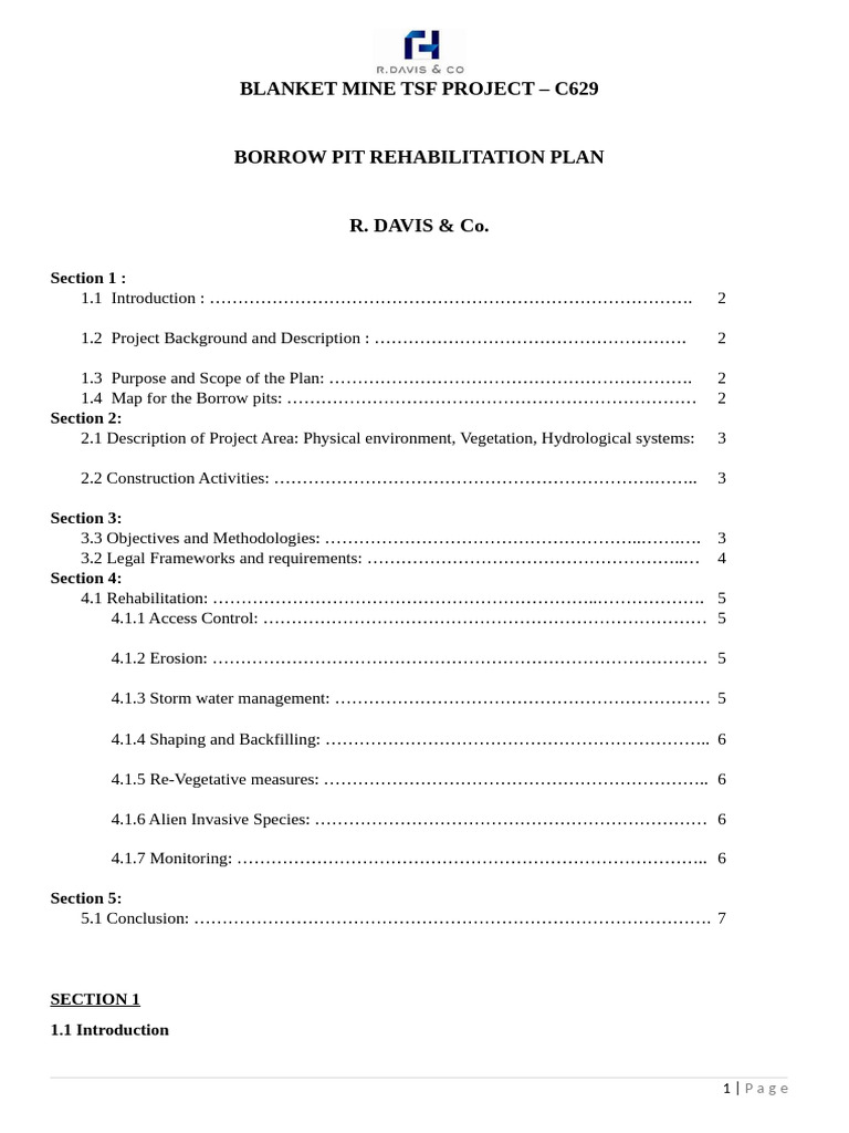 BORROW PIT REHABILITATION PLAN - Blanket Mine TSF Project | PDF ...