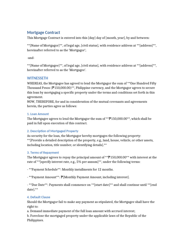 Mortgage Contract Agreement Template | PDF | Mortgage Law | Mortgages