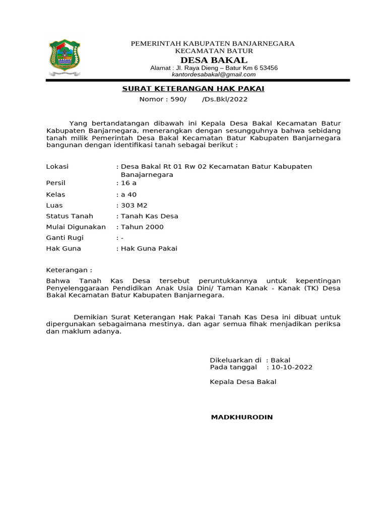 Surat Keterangan Hak Pakai Tanah Kas Desa | PDF