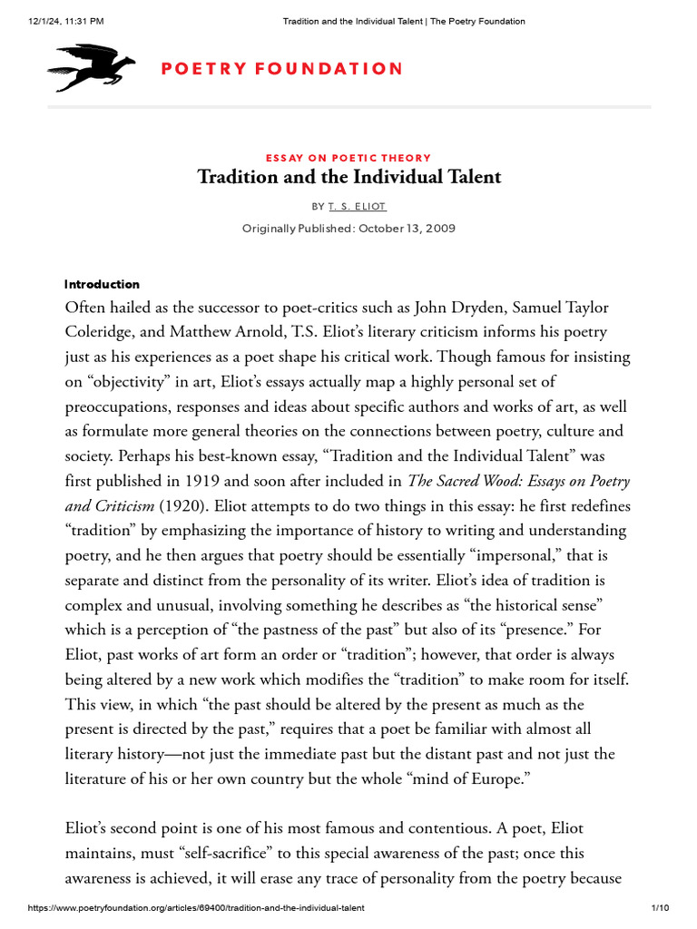 Tradition and The Individual Talent - The Poetry Foundation | PDF