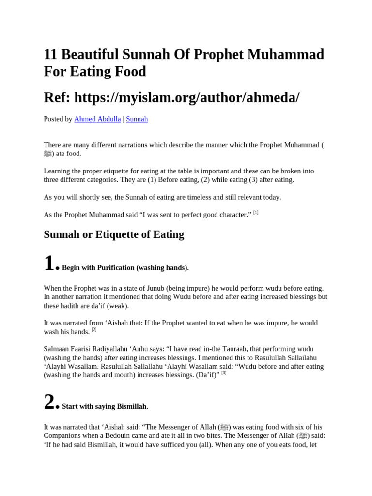11 Beautiful Sunnah of Prophet Muhammad For Eating Food | PDF | Hadith ...