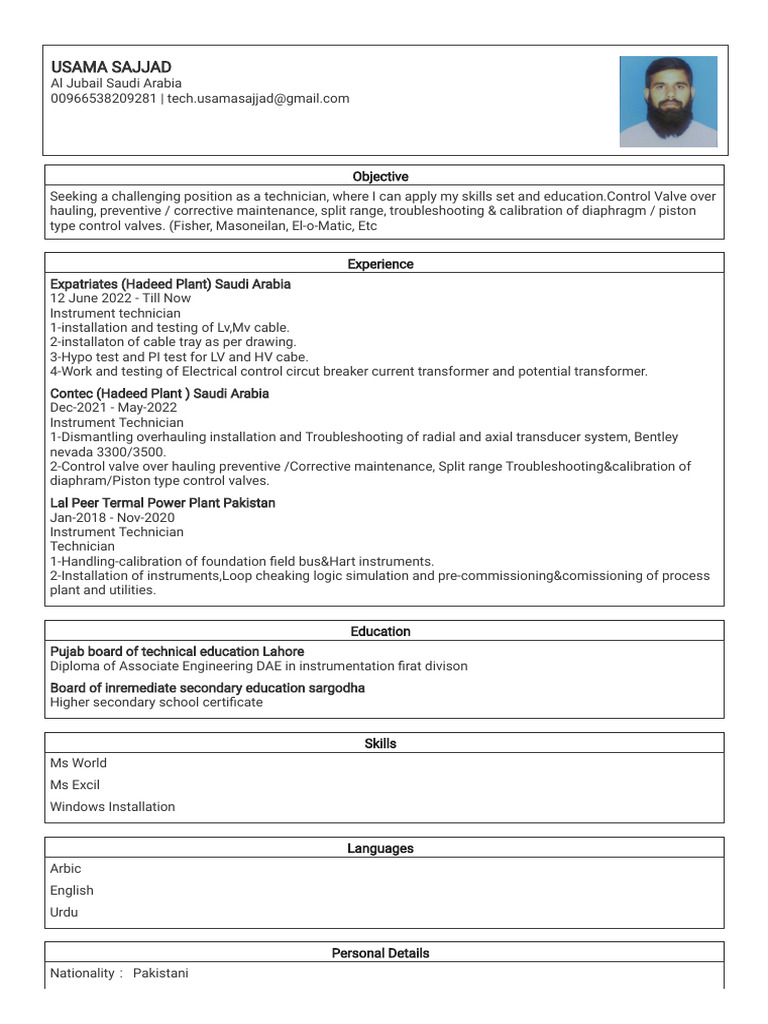 Usama's CV | PDF | Instrumentation | Pressure Measurement