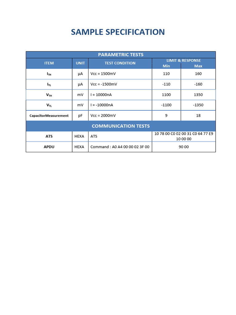 Contactless Sample Parametric Test Specification | PDF