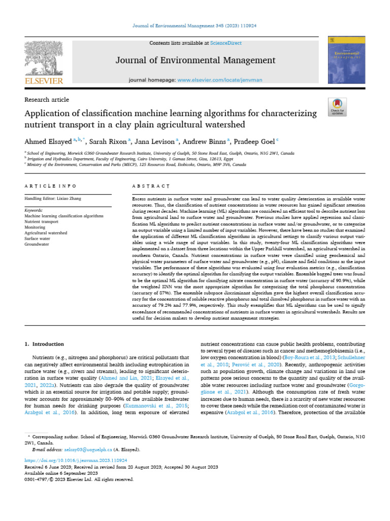 Application of classification machine learning algorithms for characterizing nutrient transport ...