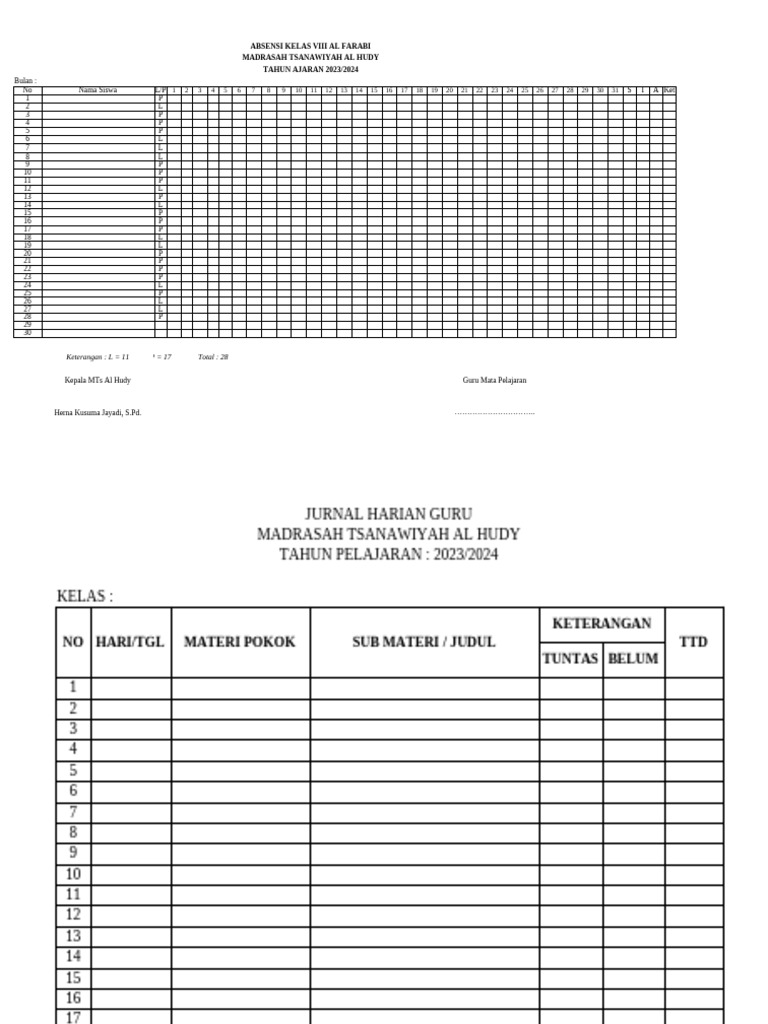Absensi Kelas VIII MTs Al Hudy 2023/2024 | PDF