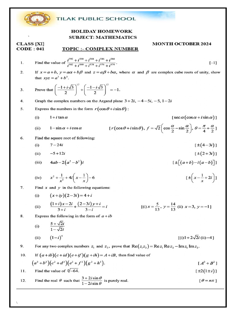 Xi Holiday Homework Maths (2024) Worksheet 2024-25copy Copy 3 | PDF