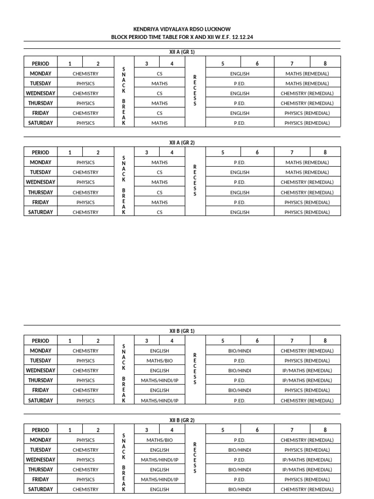 Block Period Time Table For X and Xii From 13.12.24 | PDF