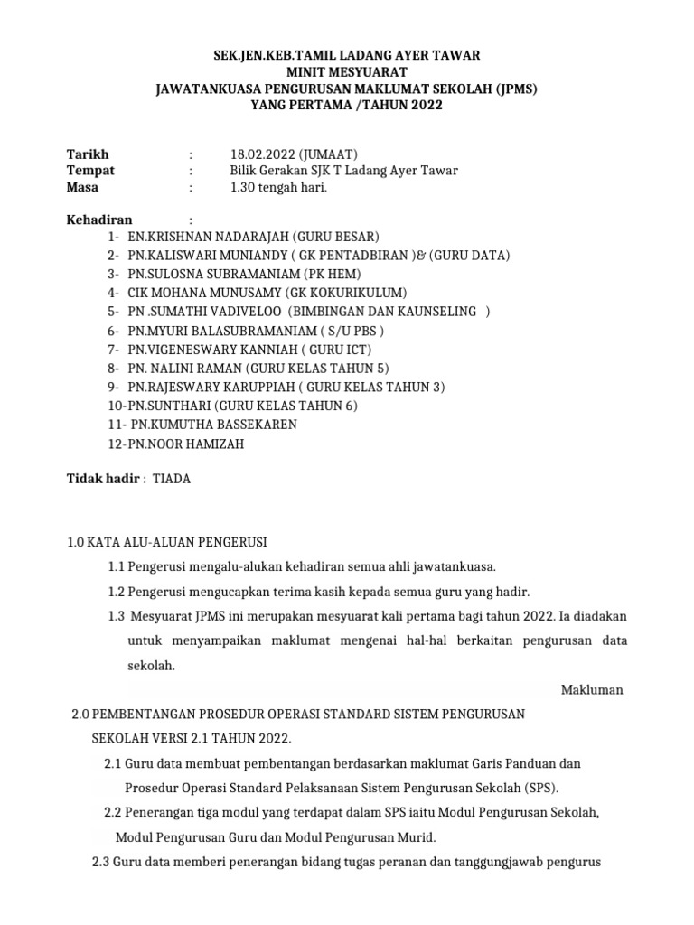 Minit Mesyuarat PBPPP Bil 12022 | PDF