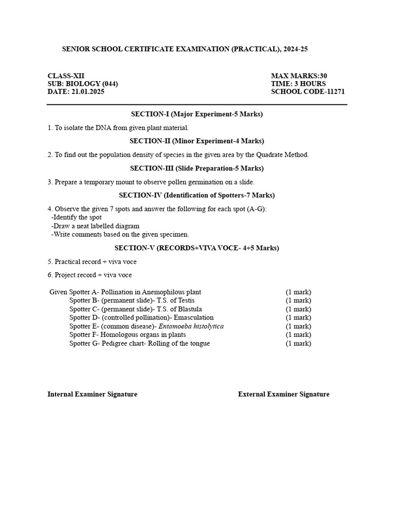 Biology Practical Examination Paper 2024-2025 | PDF