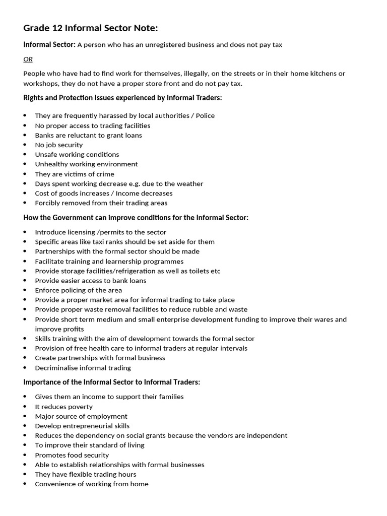 Grade 12 Informal Sector Overview | PDF | Poverty | Poverty & Homelessness