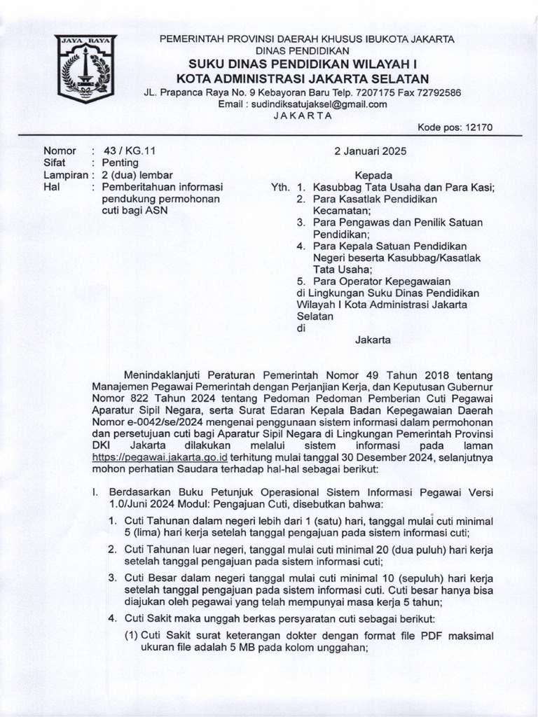 Surat Kasudindik JS1 Terkait Informasi Pendukung Cuti | PDF