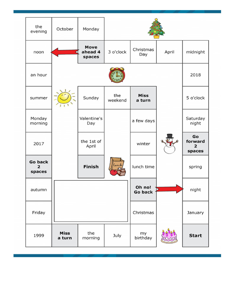 Boardgame prepositions of time AT IN ON Elem | PDF
