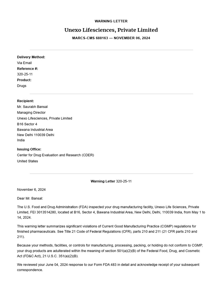 DI_Unexo Lifesciences, Private Limited - 688163 - 11_06_2024 _ FDA ...