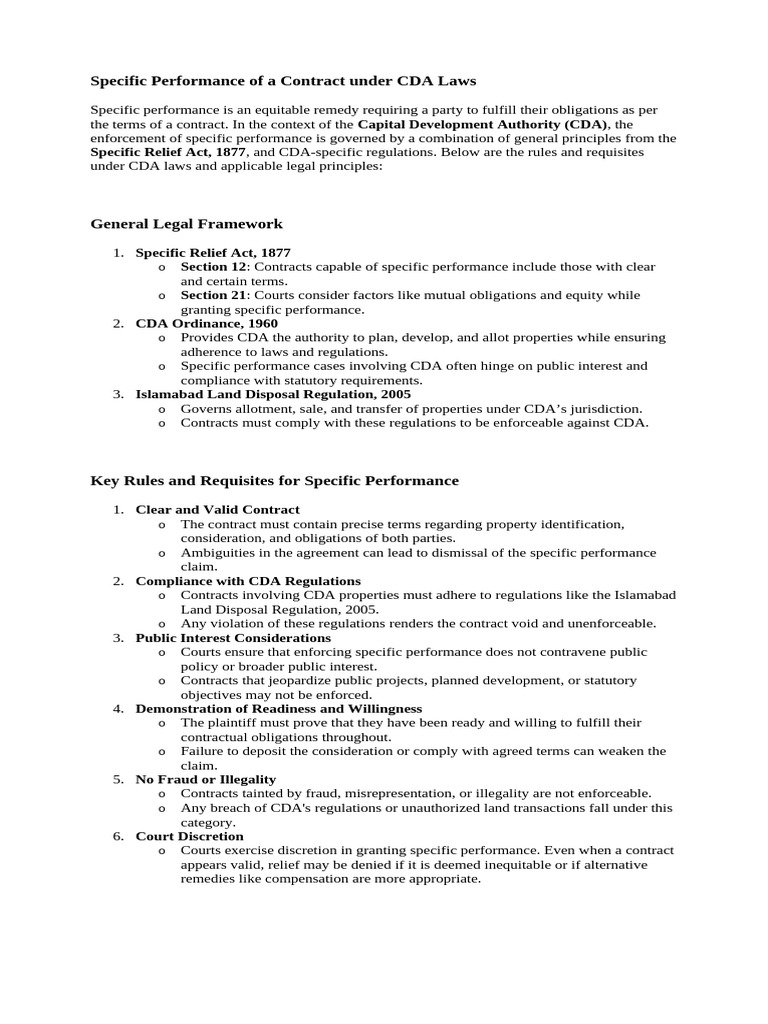 Specific Performance of A Contract Under CDA Laws | PDF | Specific ...