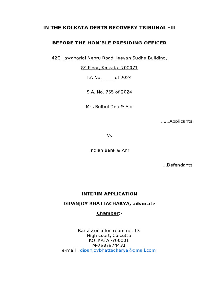 Bulbul Deb v. Indian Bank, Interim Application, Sale Notice | PDF | Loans | Adjudication