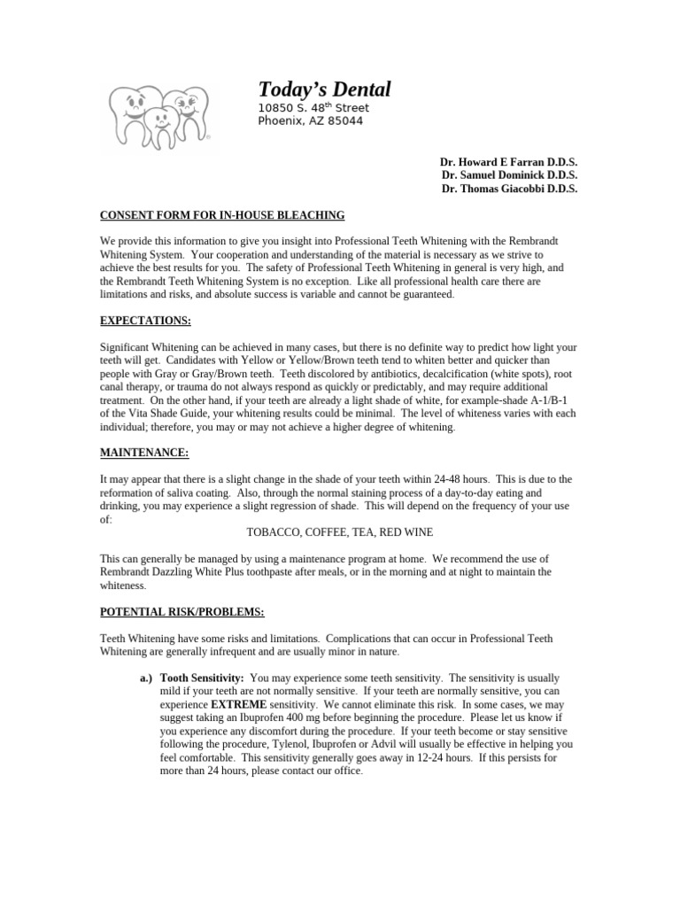 Bleaching Instructions and Auth Form | PDF | Medical Specialties ...