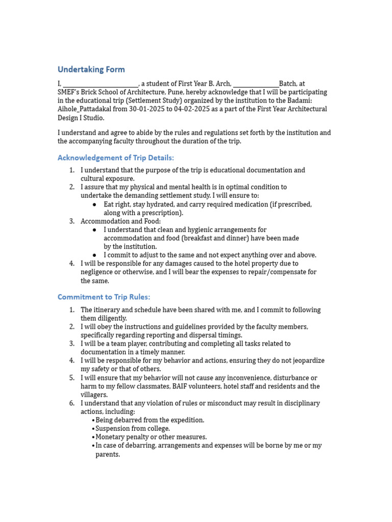 Student Trip Undertaking Form | PDF | Informed Consent