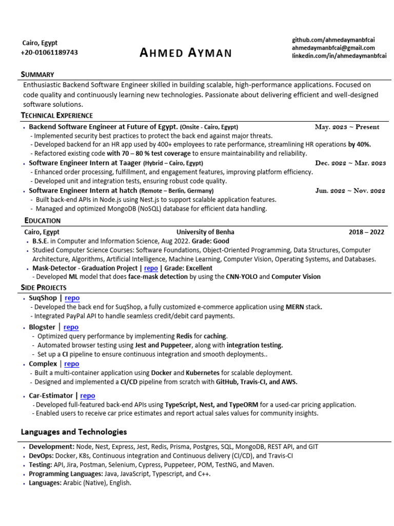 Cv Backend Ahmed Ayman | PDF | Software | Scalability