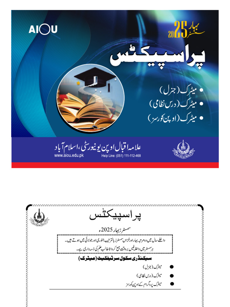 1 AIOU Prospectus MATRIC SPRING 2025 | PDF
