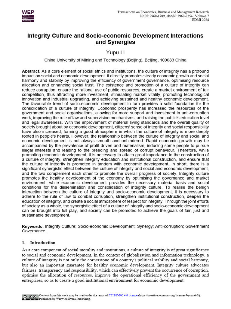 Integrity's Role in Socio-Economic Growth | PDF | Governance | Corruption
