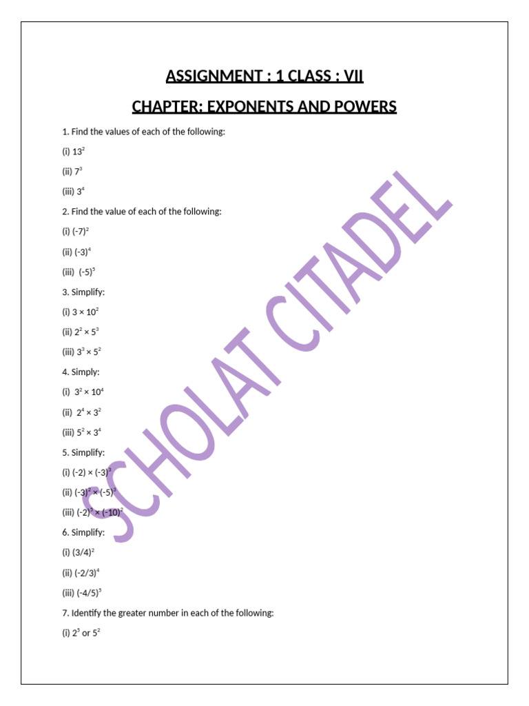 Assignmen 1 Exponents and Power Class 7 | PDF
