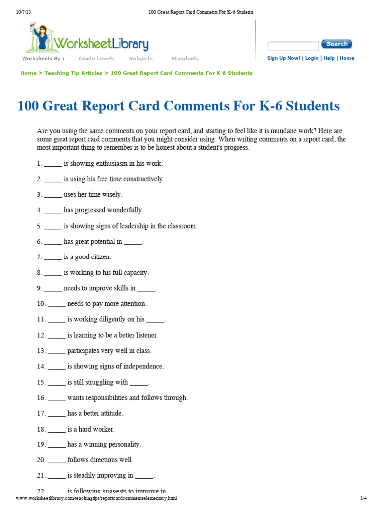 100 Great Report Card Comments For K-6 Students | PDF | Cognitive ...