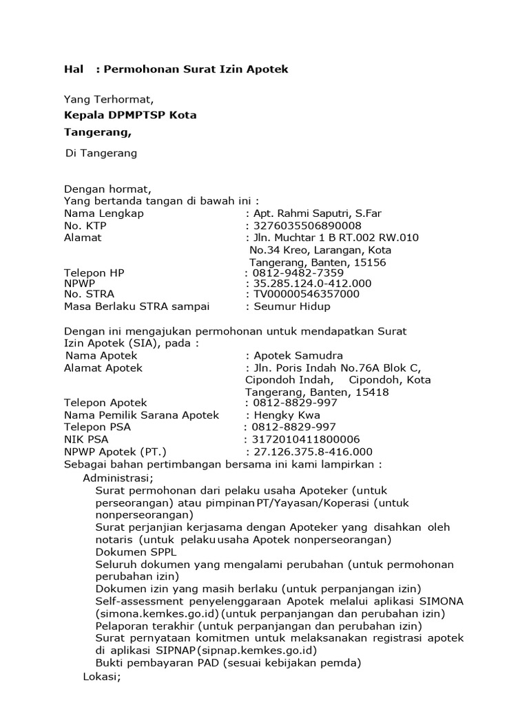 Surat Permohonan Izin Apotek Samudra | PDF