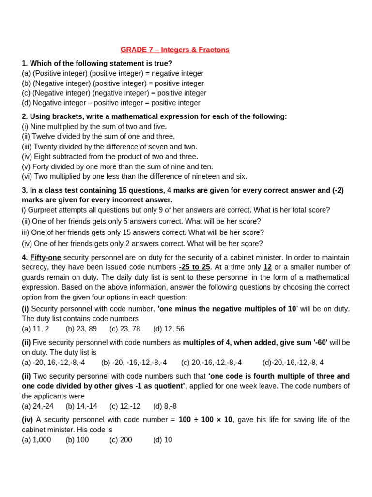 GRADE 7 – Integers & Fractions -3 | PDF | Number Theory | Numbers