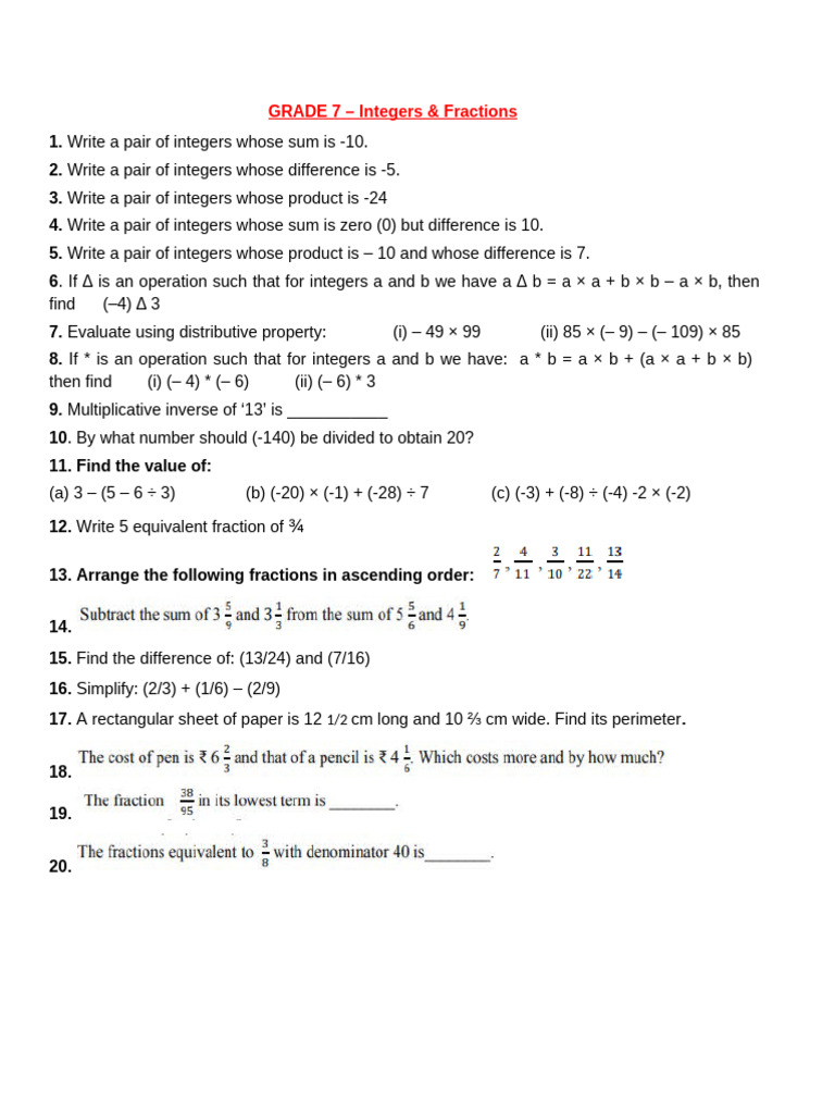 GRADE 7 - Integers & Fractions | PDF