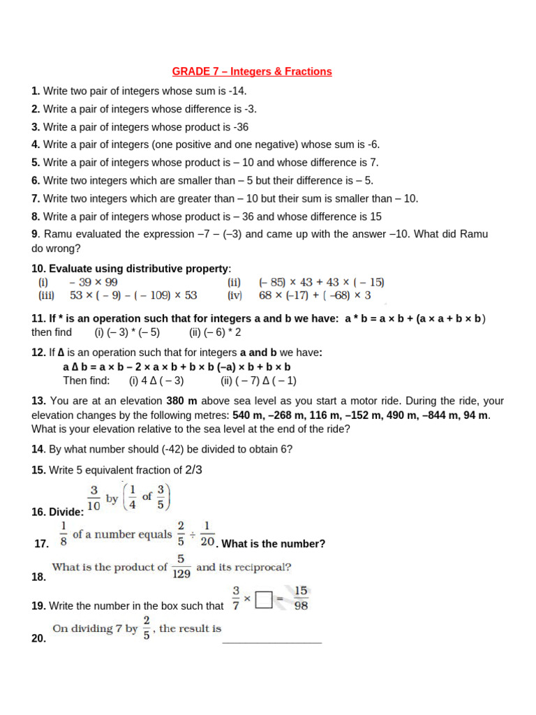 GRADE 7 – Integers & fractions - 2 | PDF | Integer | Mathematical Concepts