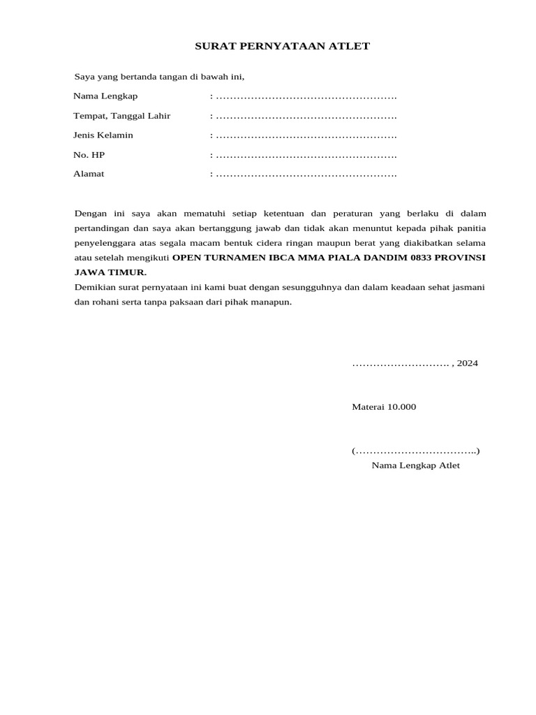 Surat Pernyataan Atlet | PDF