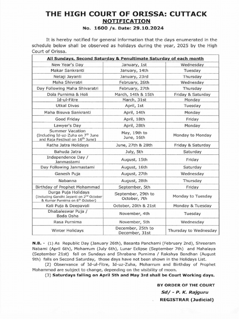 Odisha High Court Holiday Calendar 2025 | PDF | Religious Holidays ...