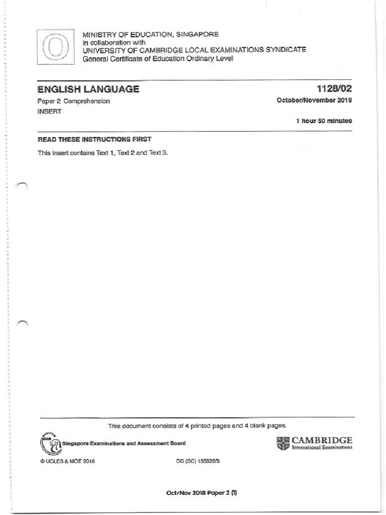 2018 - GCE O LEVEL ENGLISH 1128 Paper 2 | PDF