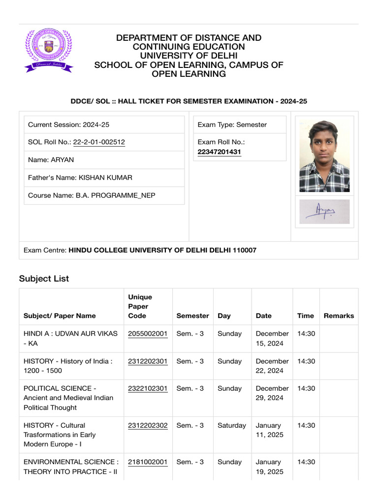 Hall Ticket Sol | PDF