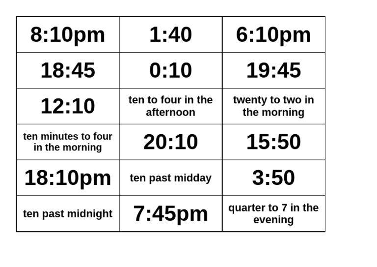 Time Pairs 24 Hours Clock | PDF