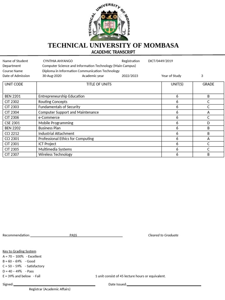 Technical University of Mombasa Transcript Year 3 | PDF | Information And Communications ...