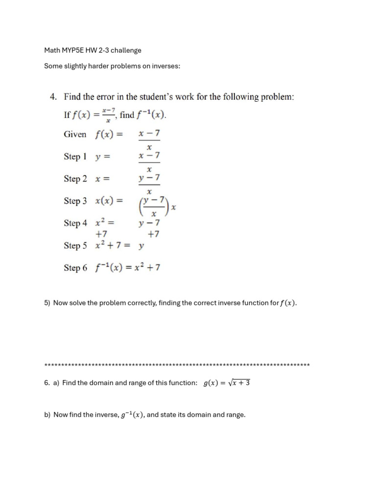 Math MYP5E HW 2-3 Extra Challenge On Inverses | PDF