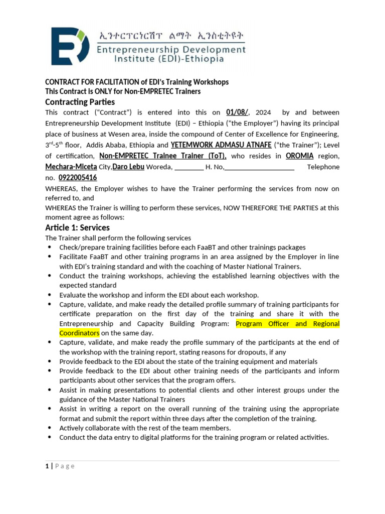 DANIEL MOGES CHIRO TOWN Trainee Trainers TOT Nonempretec Contract | PDF ...