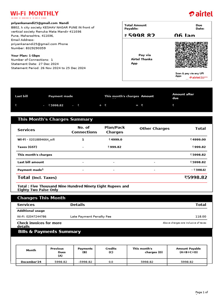 December 2024 Wi-Fi Bill Summary | PDF | Payments | Fee