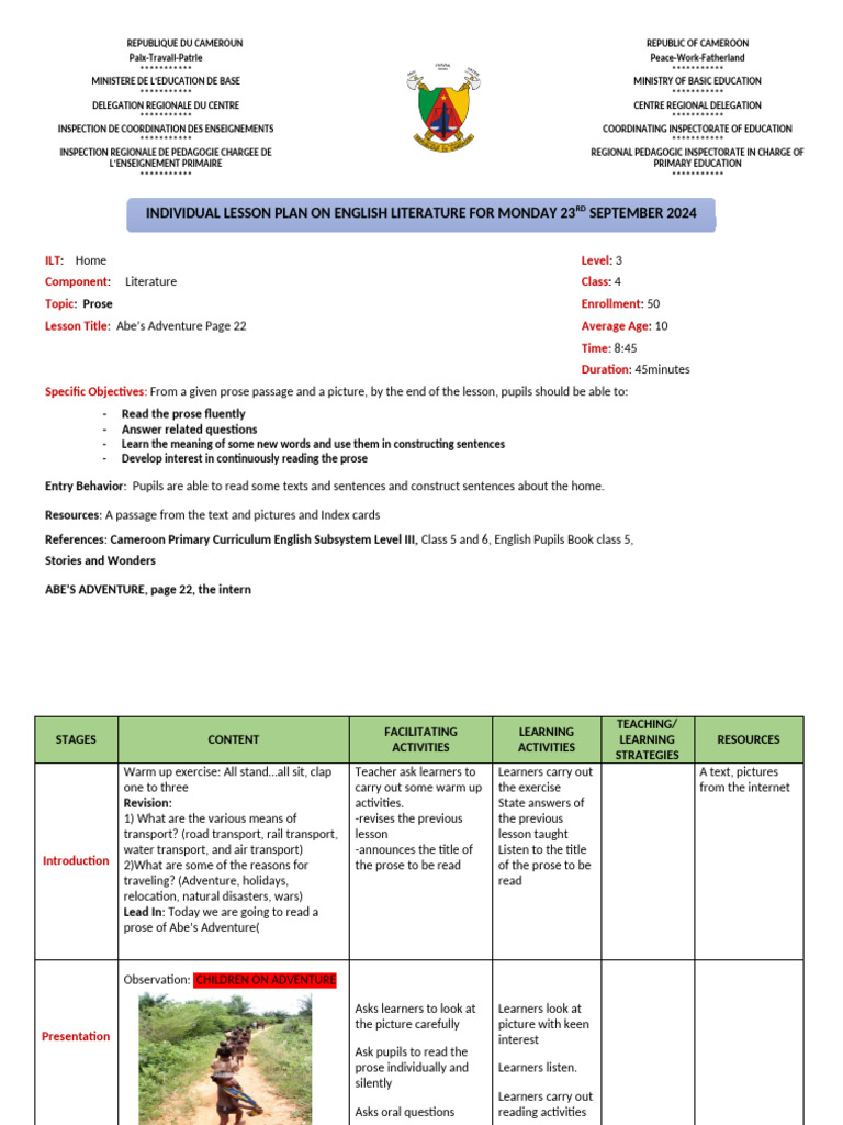 English Literature Lesson Plan: Abe's Adventure | PDF | Learning ...