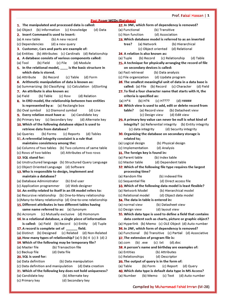 Past Paper Database MCQs | PDF | Databases | Relational Model