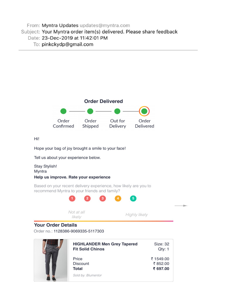 Your Myntra Order Item(s) Delivered. Please Share Feedback | PDF